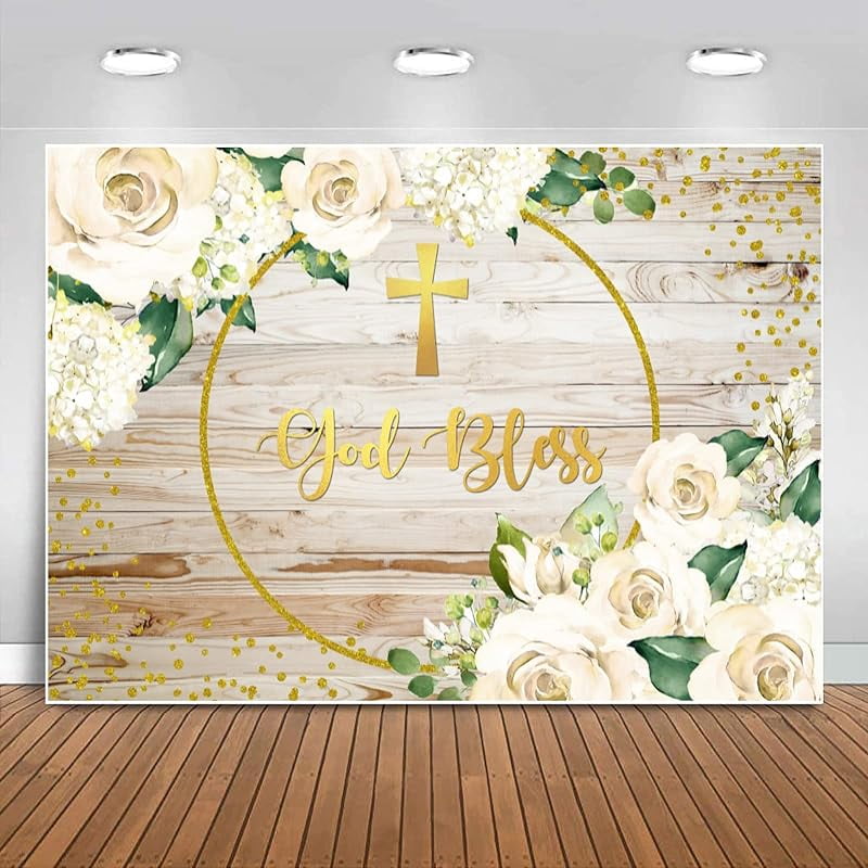 God Bless Backdrop Rustic Wood White Floral Newborn Baby Shower ...