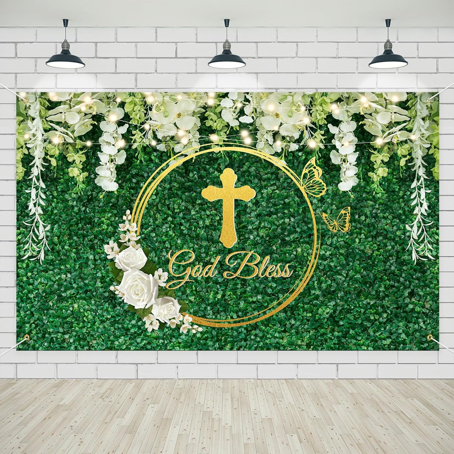 God Bless Banner Greenery Baptism Backdrop First Communion Decorations ...