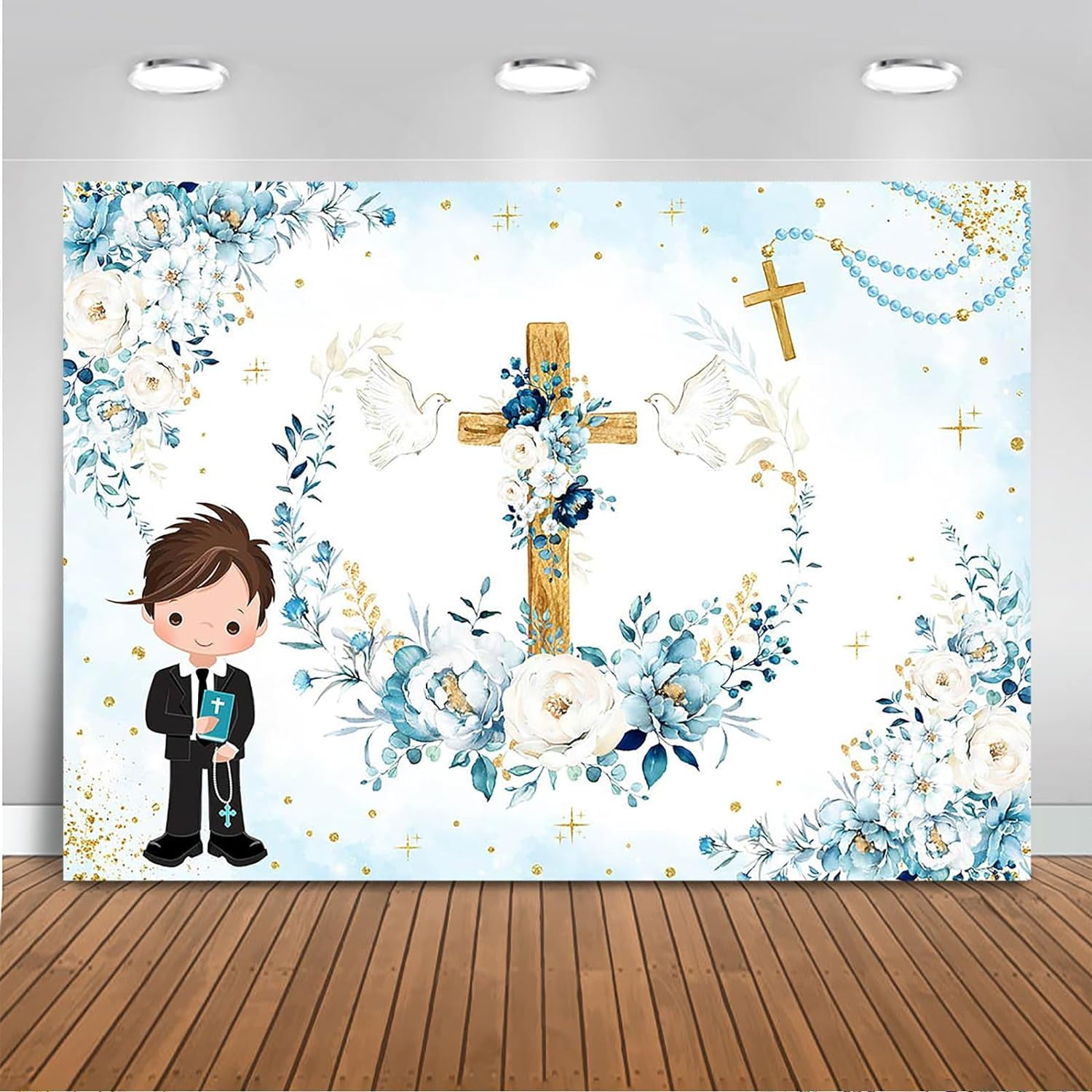 God Bless Baptism Baby Shower Backdrop Mi Primera Comunion Blue for ...