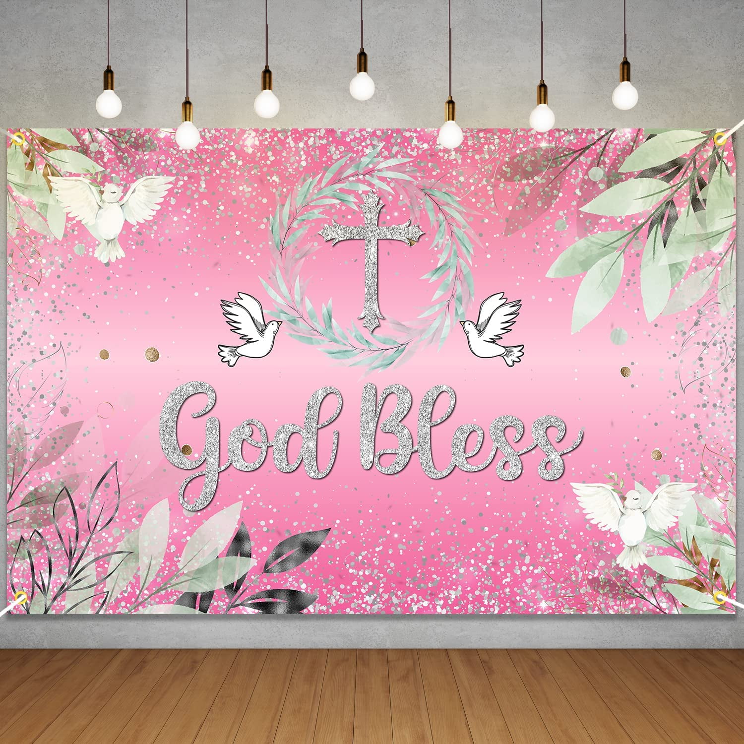 God Bless Baptism Backdrop Banner Decorations Pink Silver for Girls ...
