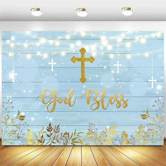 God Bless Baptism Backdrop Blue Wood First Holy Communion Christening ...