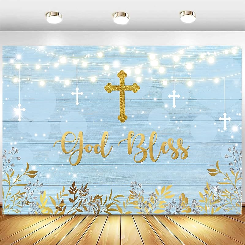 God Bless Baptism Backdrop Blue Wood First Holy Communion Christening ...