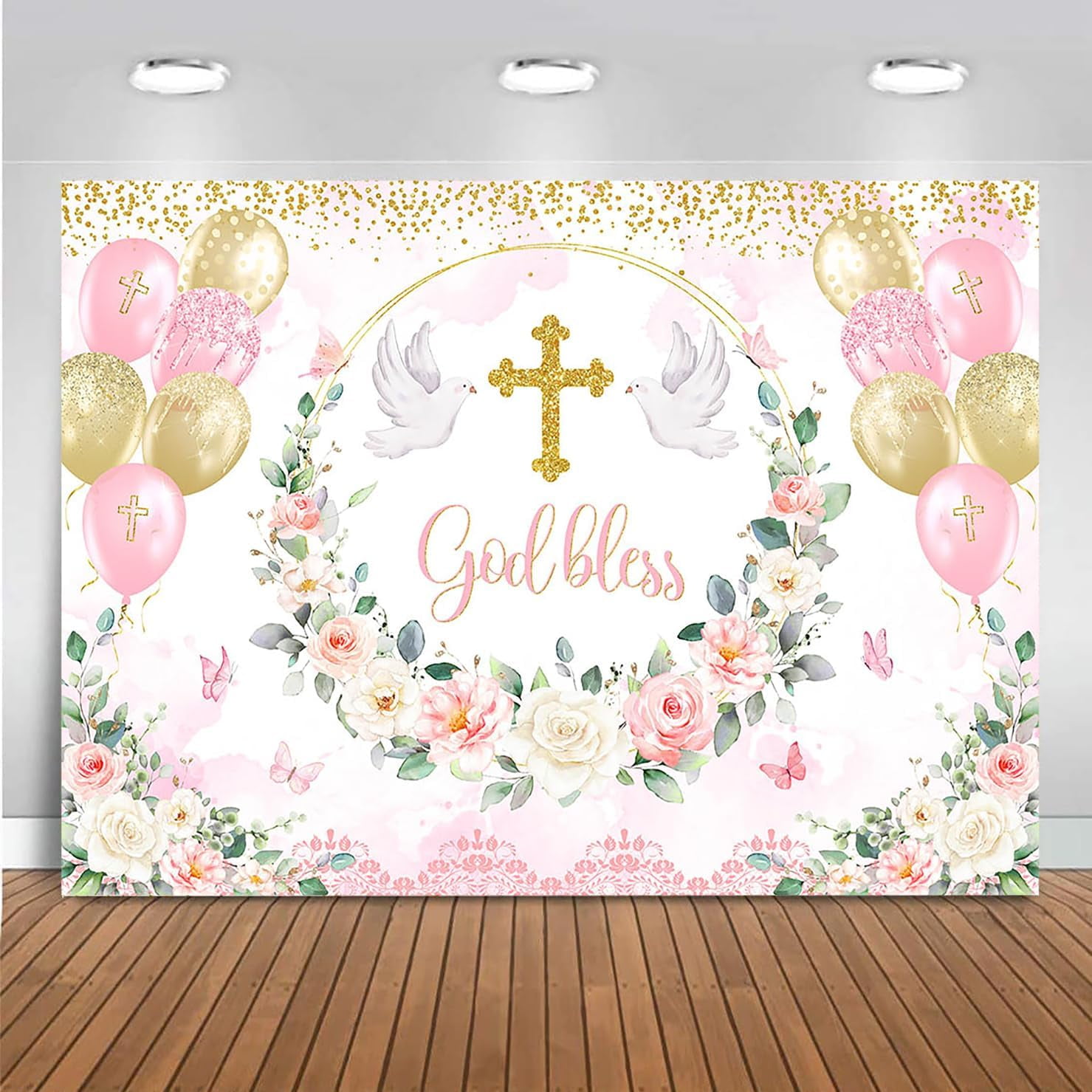 God Bless Baptism Backdrop for Girls Floral Mi Bautizo First Communion ...