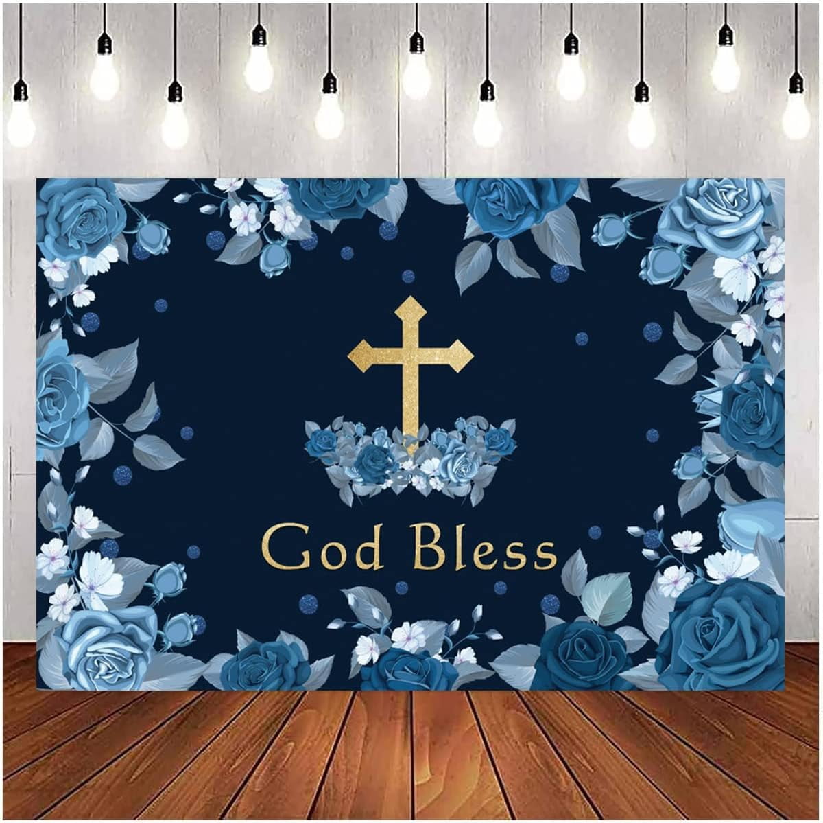 God Bless Baptism Backdrop Ink Blue Flowers Baptism Party First Holy ...