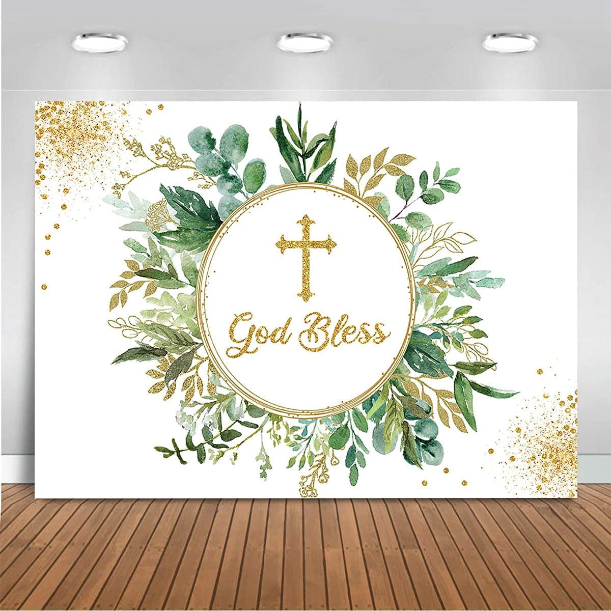 God Bless Baptism Backdrop Mi Bautizo Green Leaves First Holy Communion ...