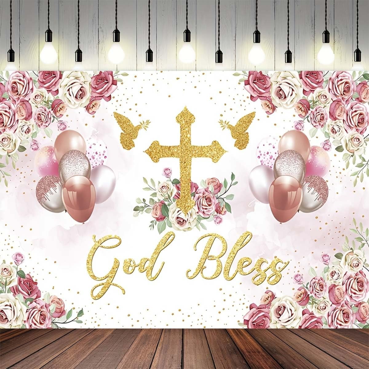 God Bless Baptism Backdrop Pink Floral Balloon Girl Baptism Christening ...