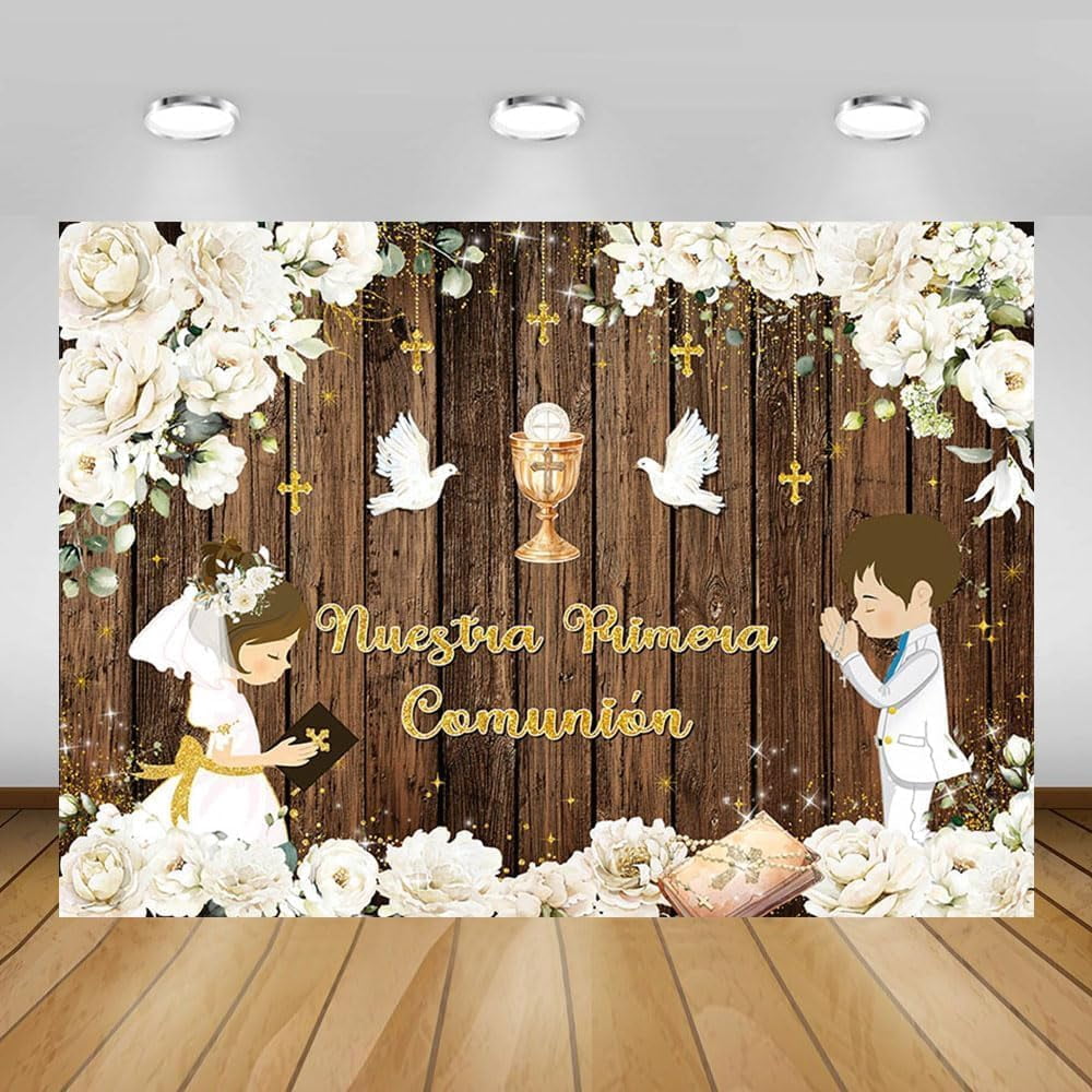 God Bless Baptism Backdrop Rustic Wood First Holy Communion Christening ...