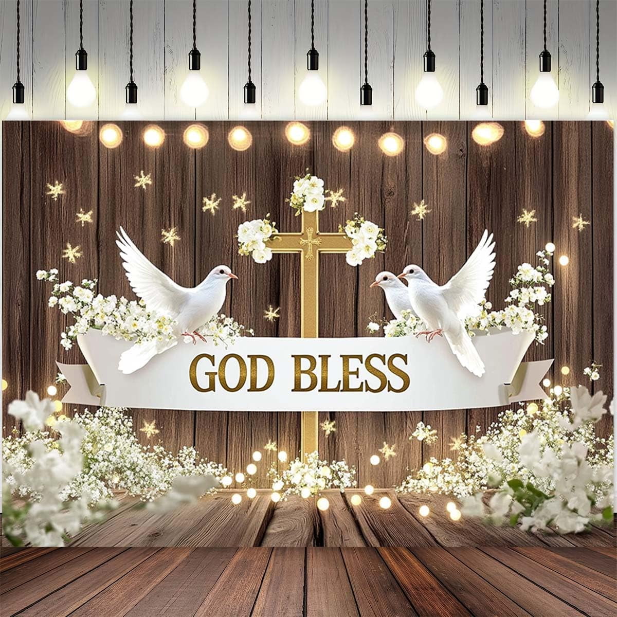 God Bless Baptism Backdrop Rustic Wood 'God Bless' First Communion ...