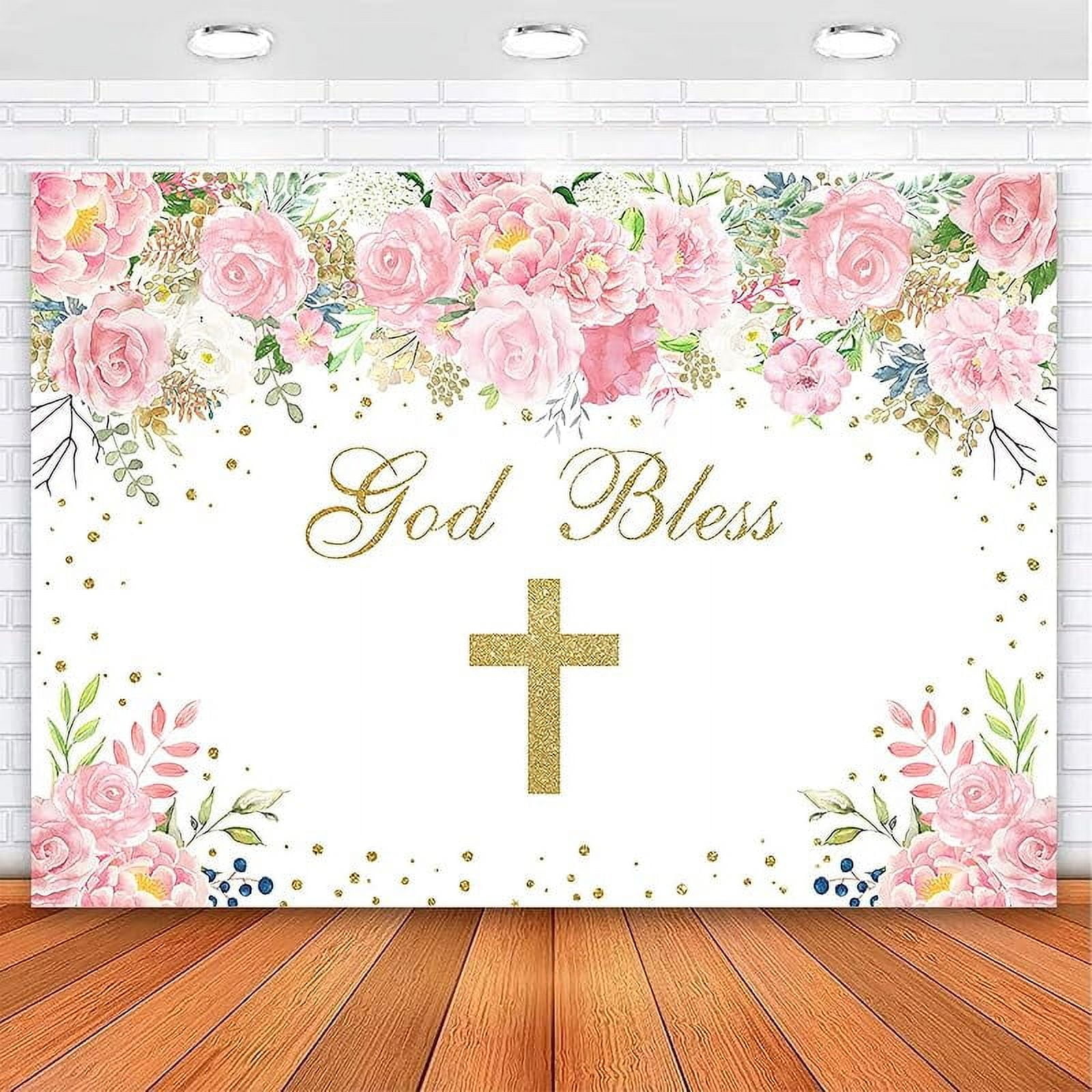 God Bless Baptism Backdrop for Girls Pink Floral First Communion ...