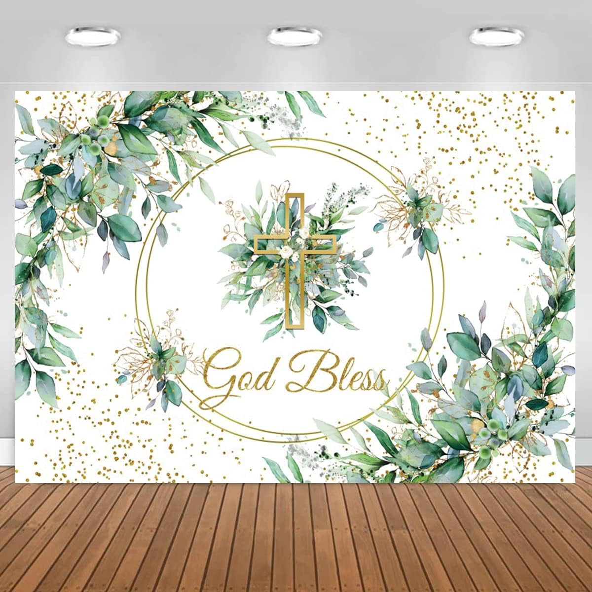 God Bless Baptism Background Gold Cross Green Leaves First Holy ...