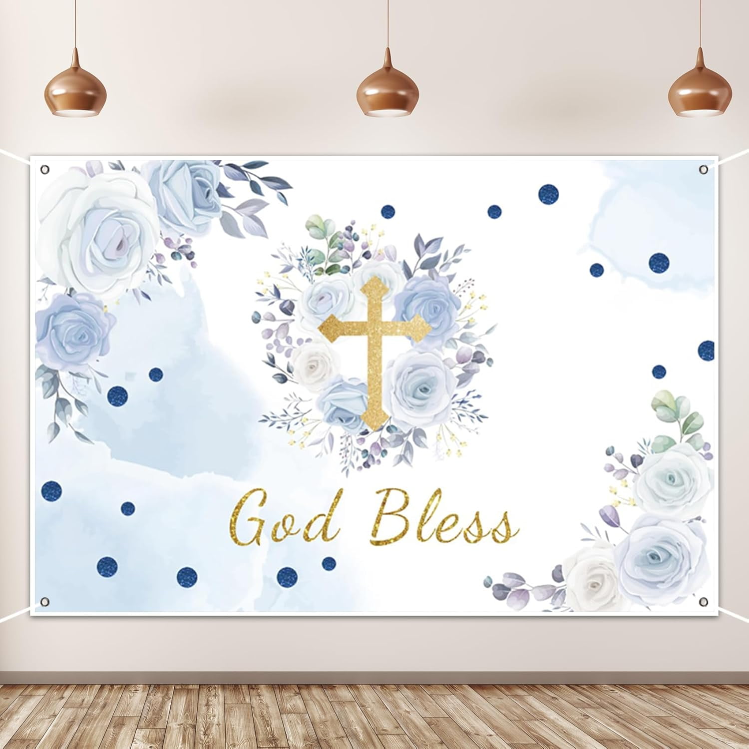 God Bless Beautiful Backdrop Blue Flowers Gold Cross Print Photography ...