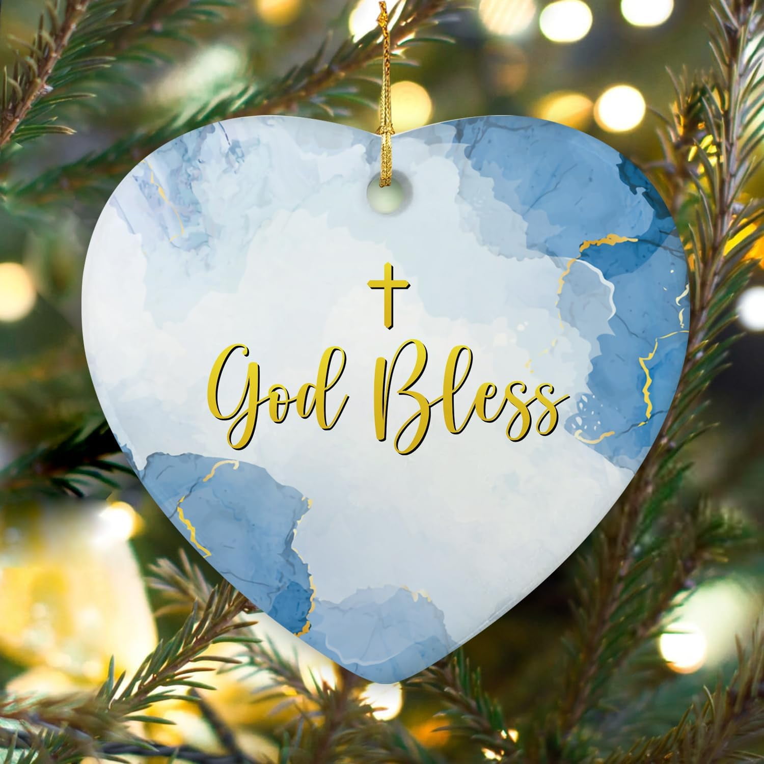 God Bless Christmas Ornament, Religious Holiday Tree Decoration with Watercolor Cross Design ...