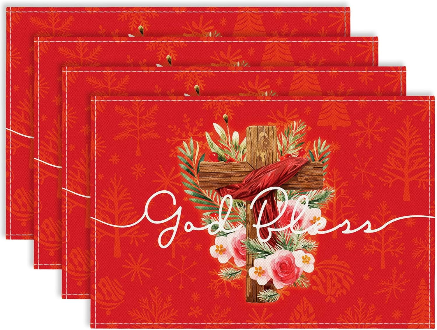 God Bless Cross Snowflake Placemats Set of 4, 12x18 Christian ...