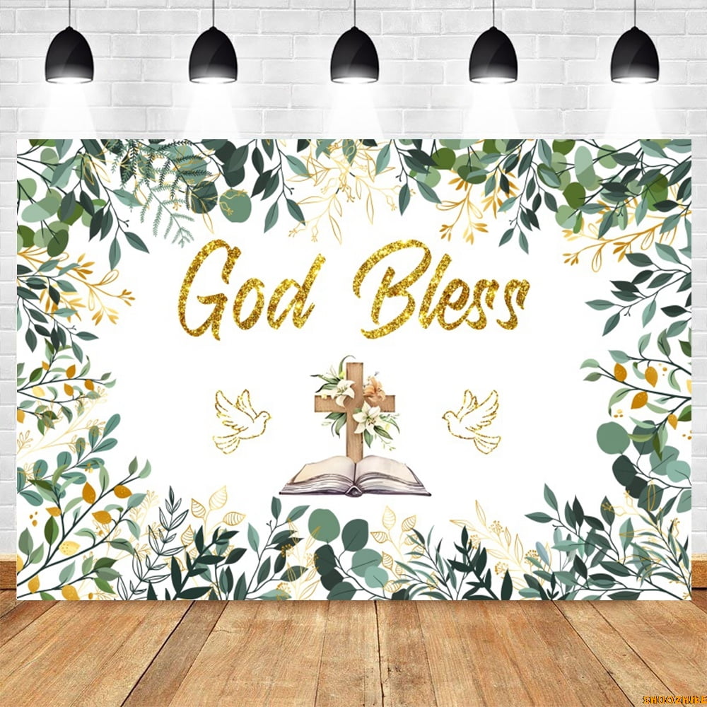 God Bless First Holy Communion Backdrop Gre Leaves Gold Cross Dove ...