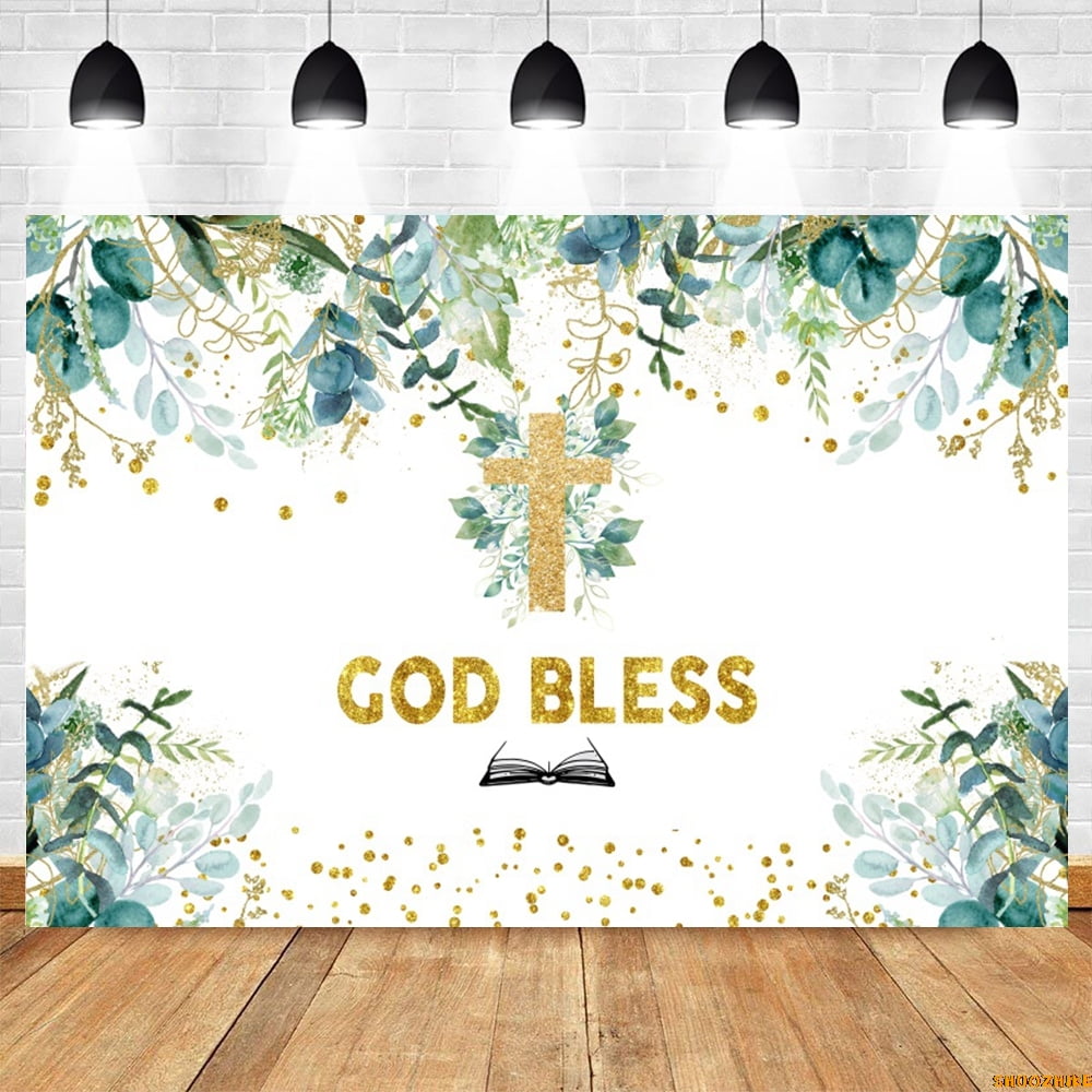 God Bless First Holy Communion Backdrop Gre Leaves Gold Cross Dove ...