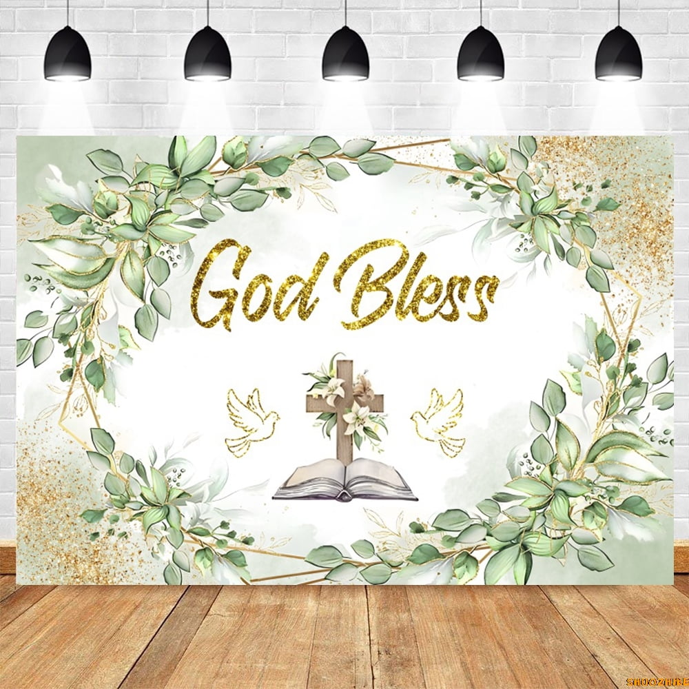 God Bless First Holy Communion Backdrop Gre Leaves Gold Cross Dove ...