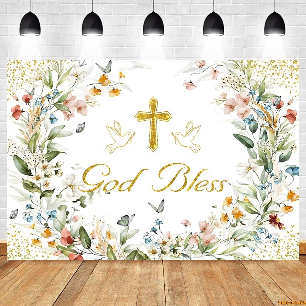 God Bless First Holy Communion Backdrop Gre Leaves Gold Cross Dove ...