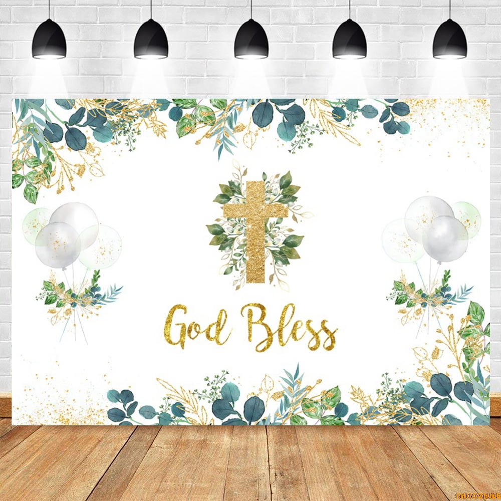 God Bless First Holy Communion Backdrop Gre Leaves Gold Cross Dove ...