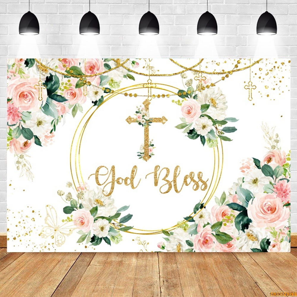 God Bless First Holy Communion Backdrop Gre Leaves Gold Cross Dove ...