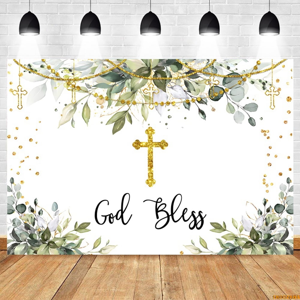 God Bless First Holy Communion Backdrop Gre Leaves Gold Cross Dove ...