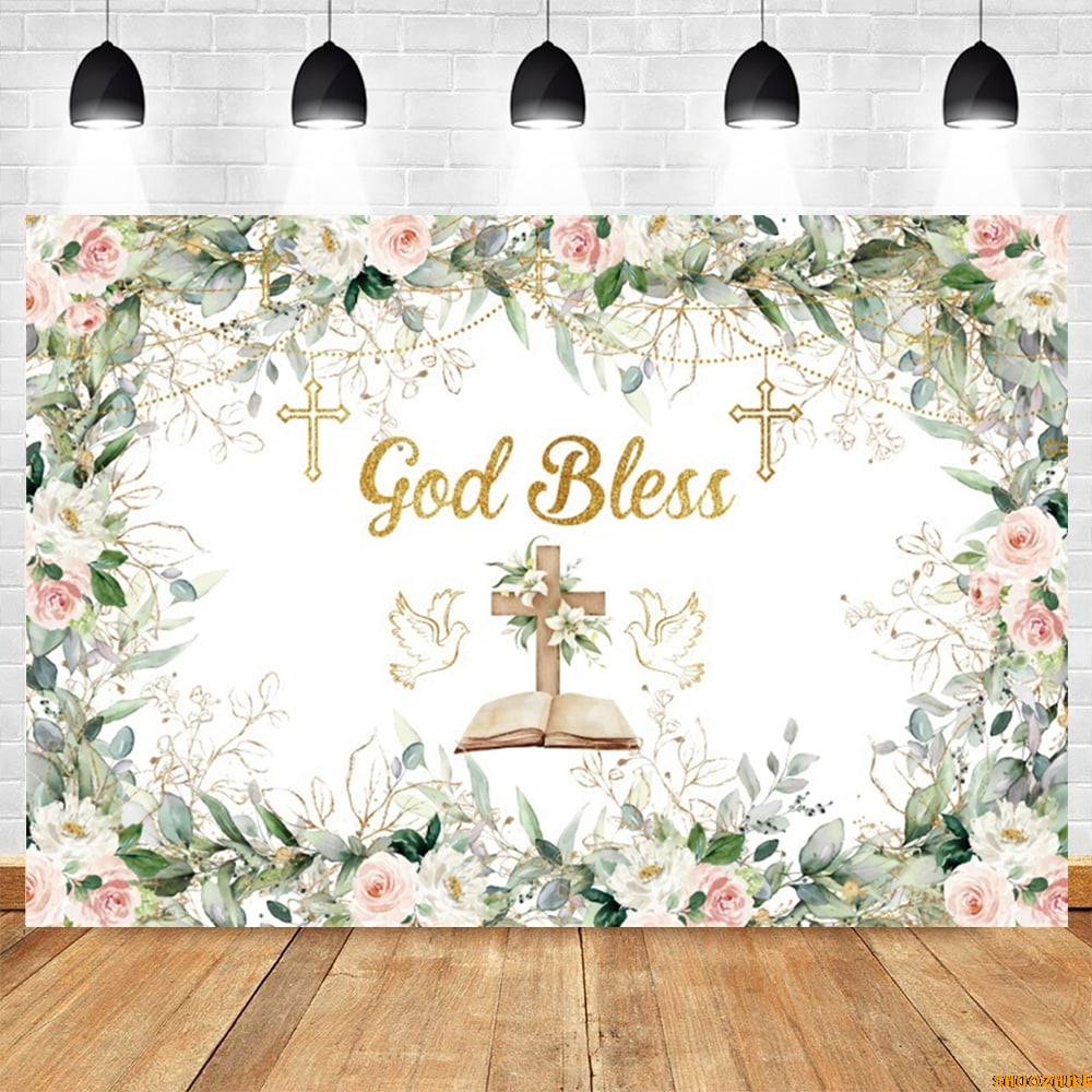 God Bless First Holy Communion Backdrop Gre Leaves Gold Cross Dove ...