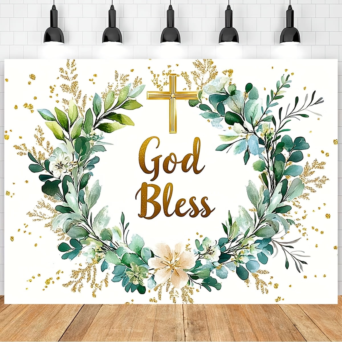 God Bless Greenery Wreath Backdrop Green Eucalyptus Leaves Boy Girls ...