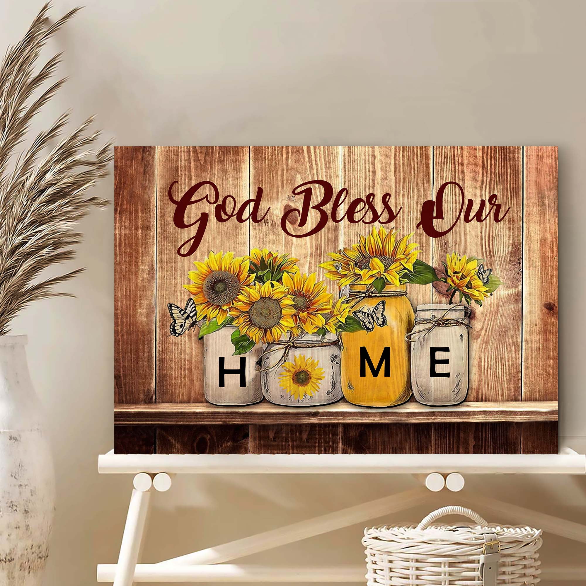 God Bless Our Home Canvas Wall Art – Rustic Sunflower Mason Jar Print with Butterflies ...