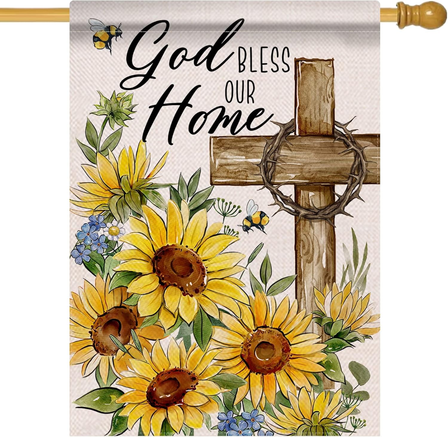 God Bless Our Home Spring Summer Easter Decorative House Flag, Religious Cross Sunflower Floral ...