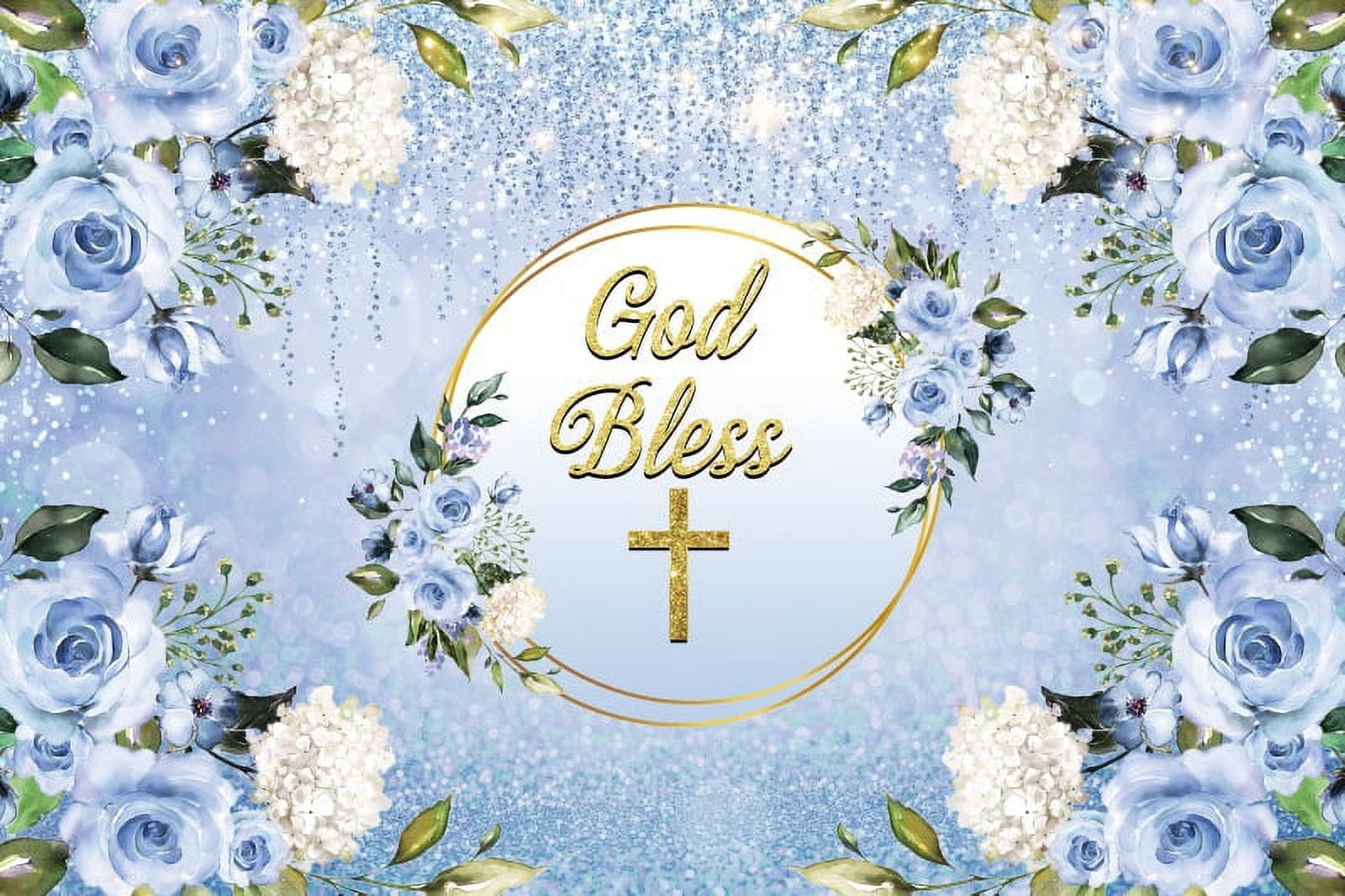 God Bless Photo Backdrop Baptism Party Holy Communion Blue Flower Cross ...