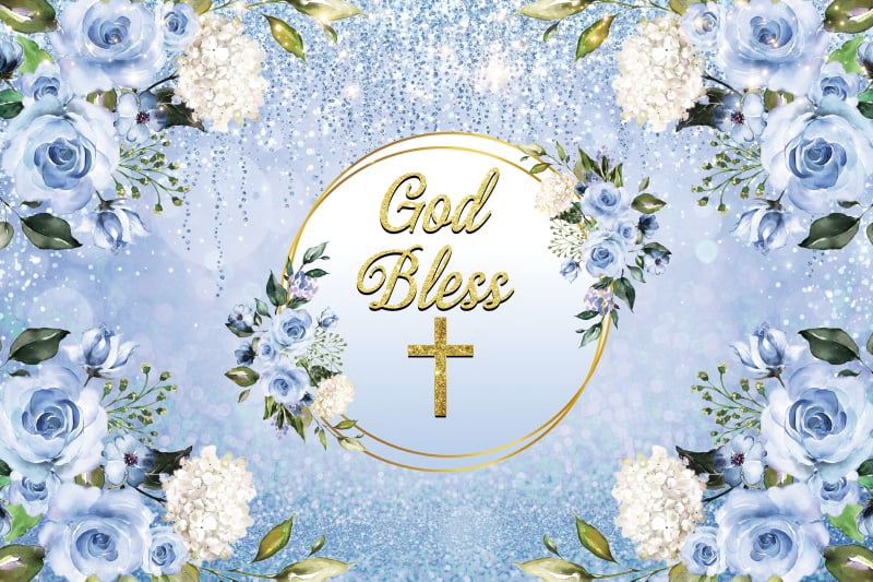 God Bless Photo Backdrop Baptism Party Holy Communion Blue Flower Cross ...