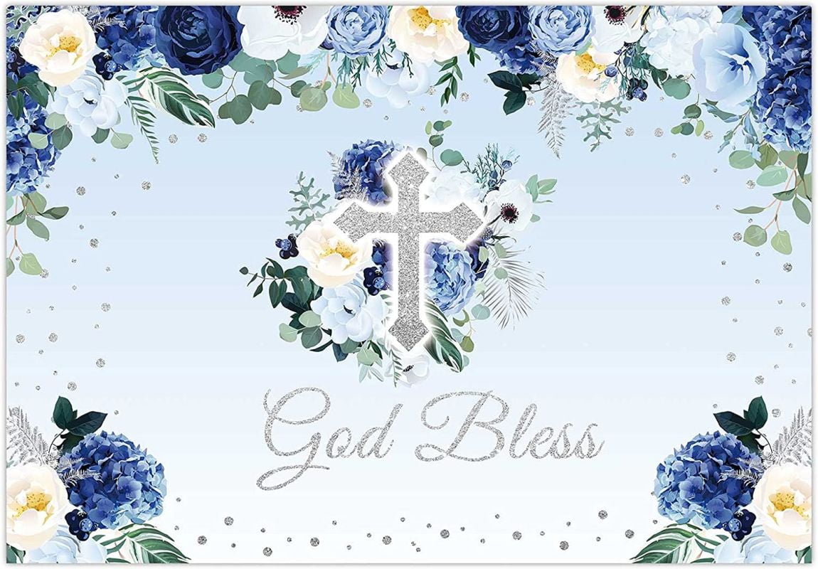 God Bless Photography Backdrop Blue Silver Baptism Background Backdrops ...