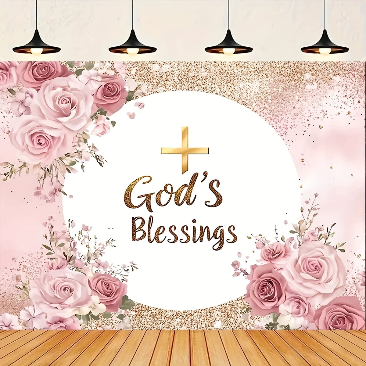 God Bless Pink Floral & Golden Cross Photography Backdrop - Elegant ...