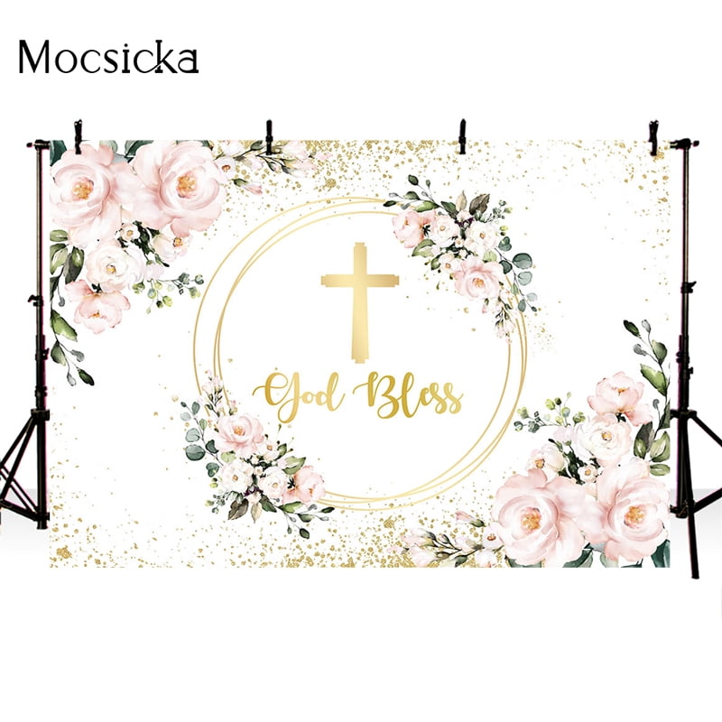God Bless Themed Party Backdrop Decorations Gloden Cross Green Leaves ...