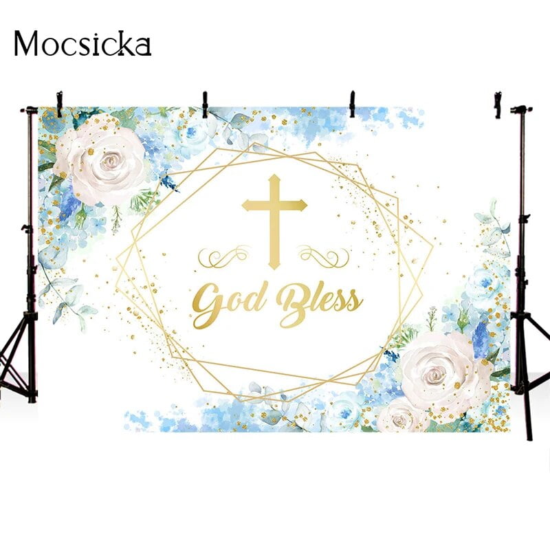 God Bless Themed Party Backdrop Decorations Gloden Cross Green Leaves ...