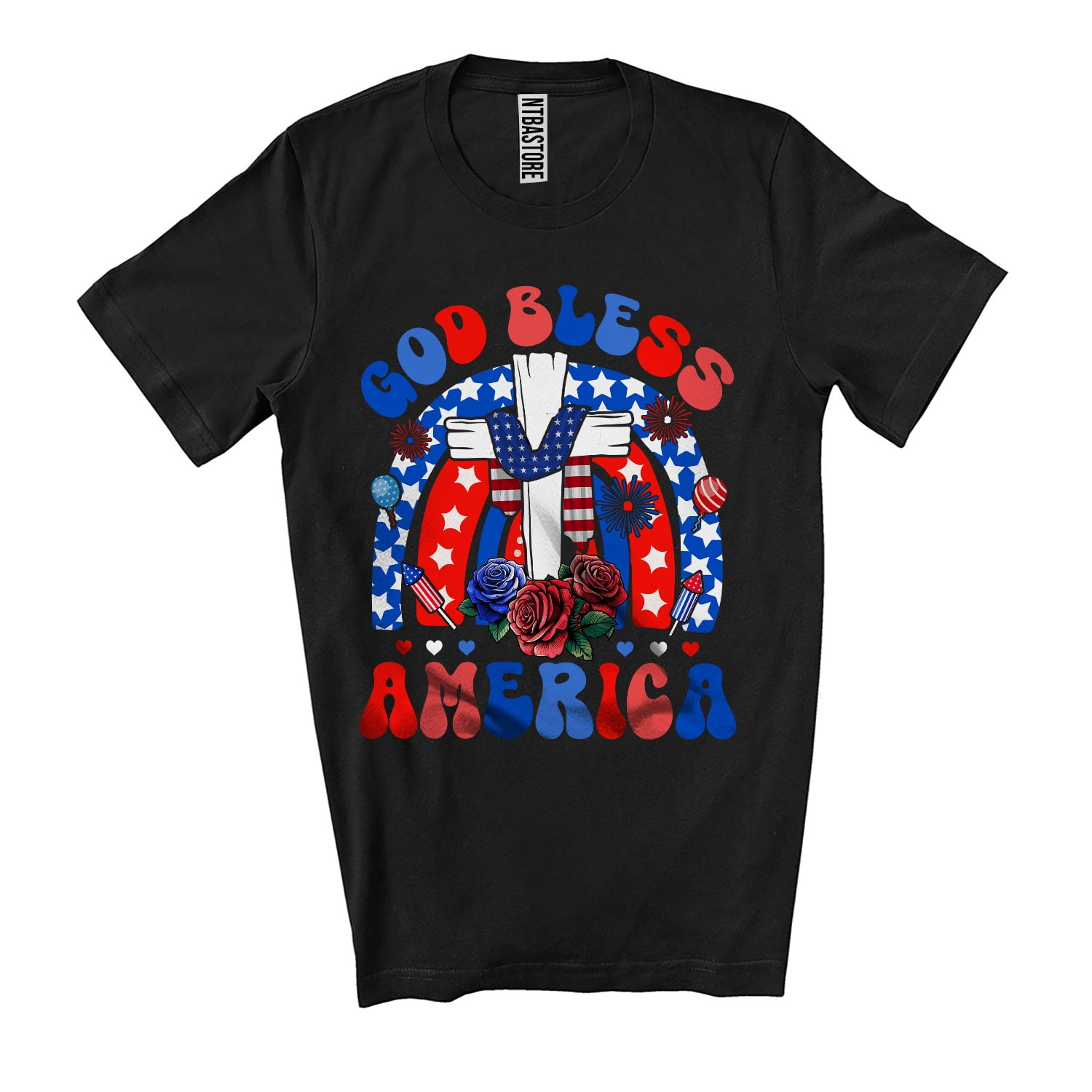 God Bless USA; Awesome 4th of July Jesus Cross Rose Groovy Rainbow America Flag Patriotic Unisex ...