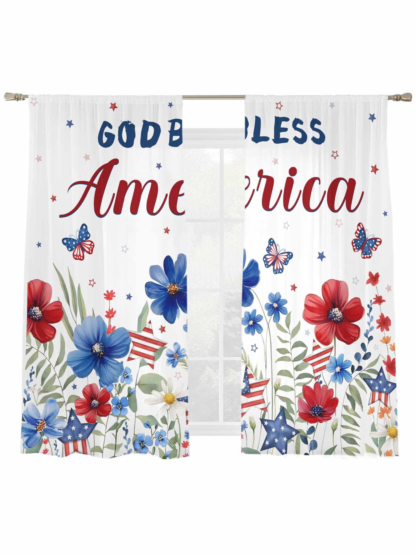 God Bless USA Sheer Curtains 2 Panels Set Red Blue Daisy Butterfly ...