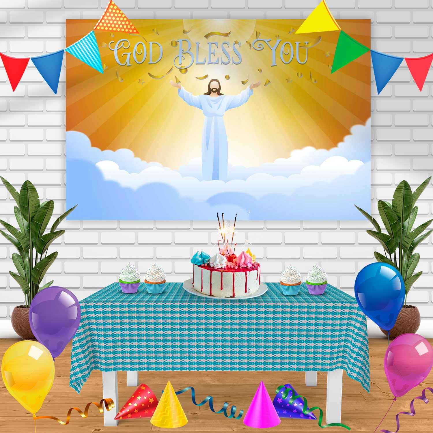God Bless You Jesus Crist Birthday Banner Personalized Party Backdrop ...