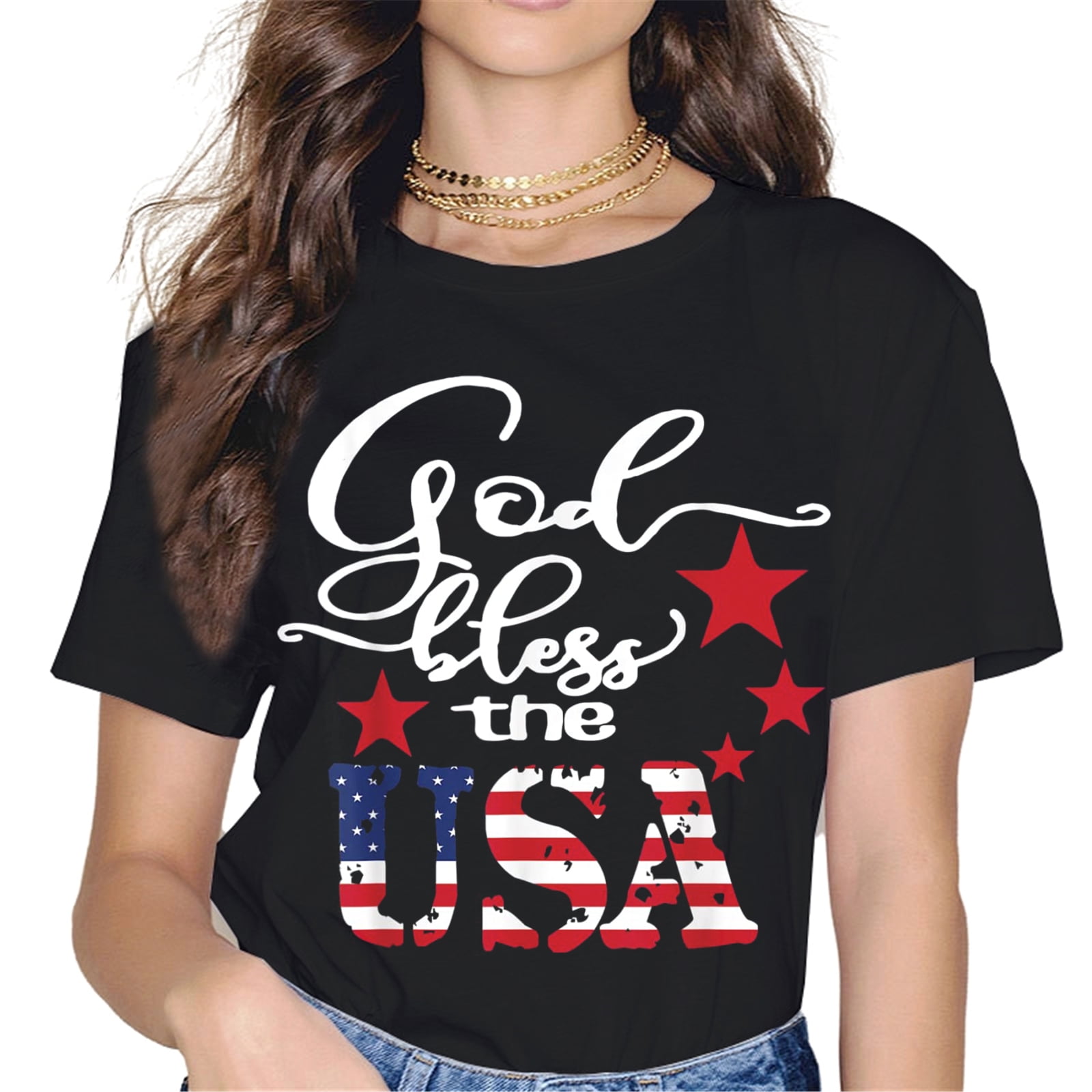 God Blessed America 4th of July American Flag Gift T-Shirt Women Patriotic Tops Independence Day ...