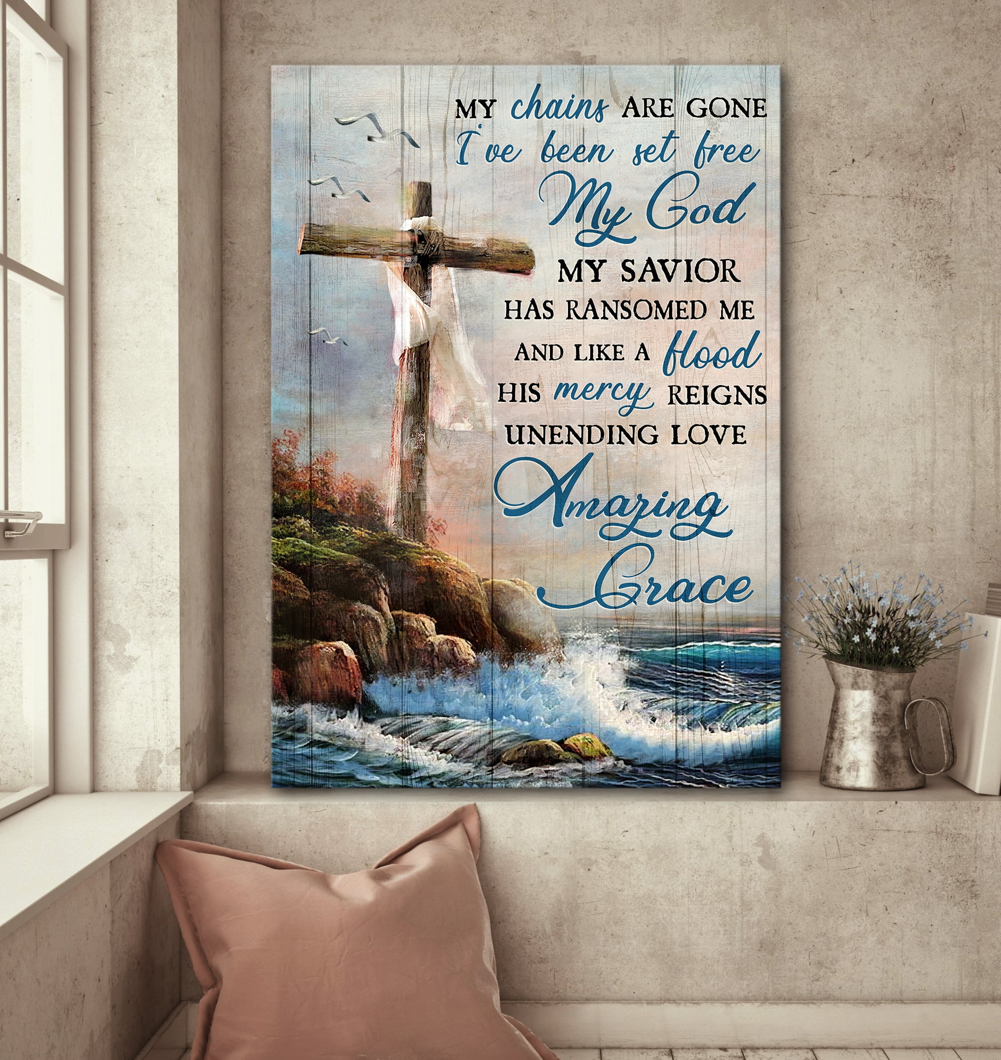 God, Cross, Sea - My Chains Are Gone Jesus Portrait Poster Prints, Wall ...