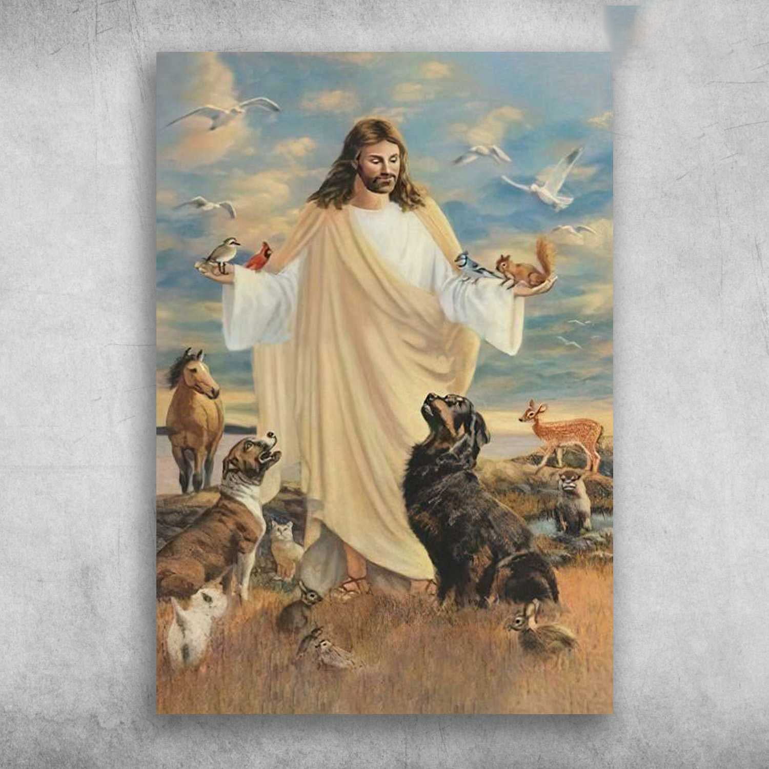 God Loves Animals - Cardinal Bird, Dog, Horse, Deer, Rabbit 11 x 17 ...