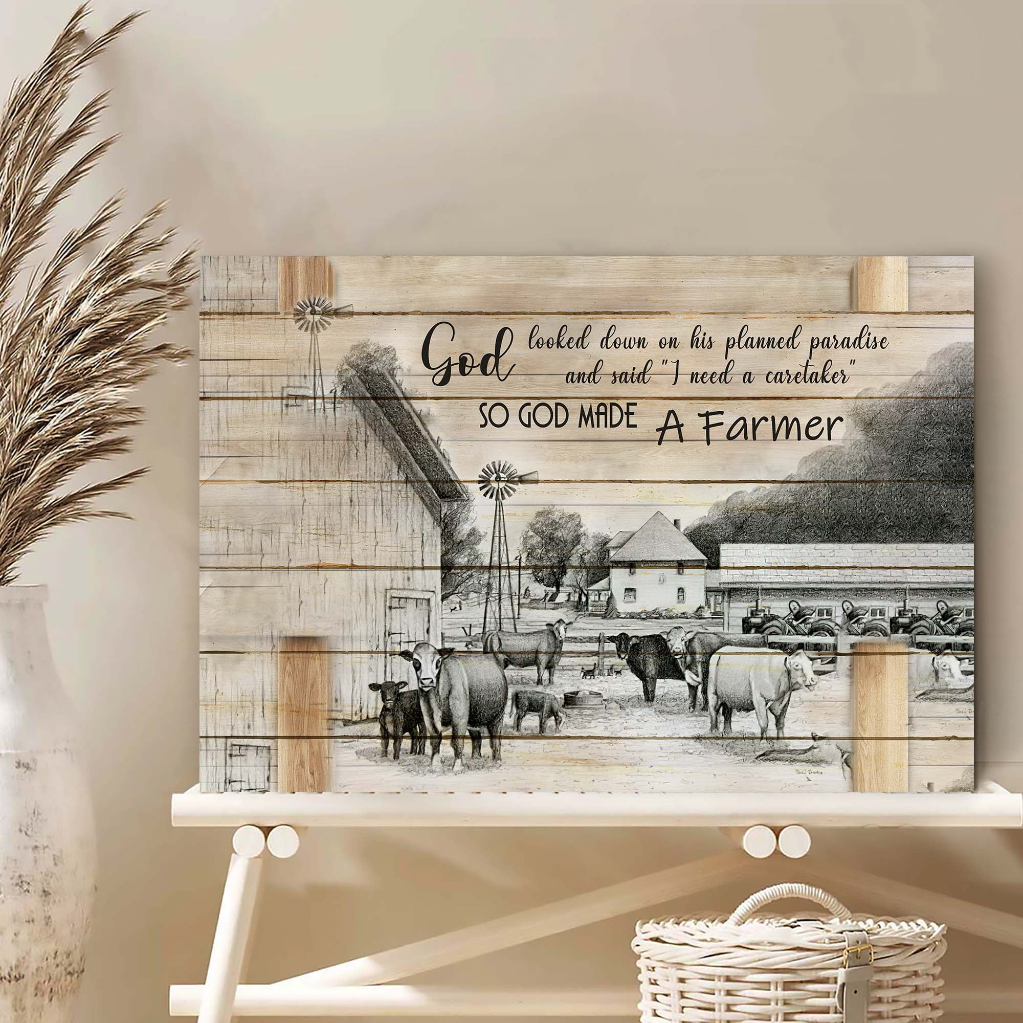 So God Made a Farmer Canvas Wall Art – Rustic Barn and Livestock Pencil ...