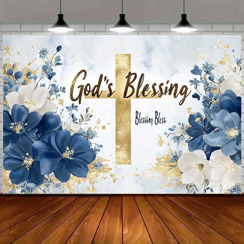 God'S Blessing Themed Backdrop with Golden Cross, Blue Flowers ...