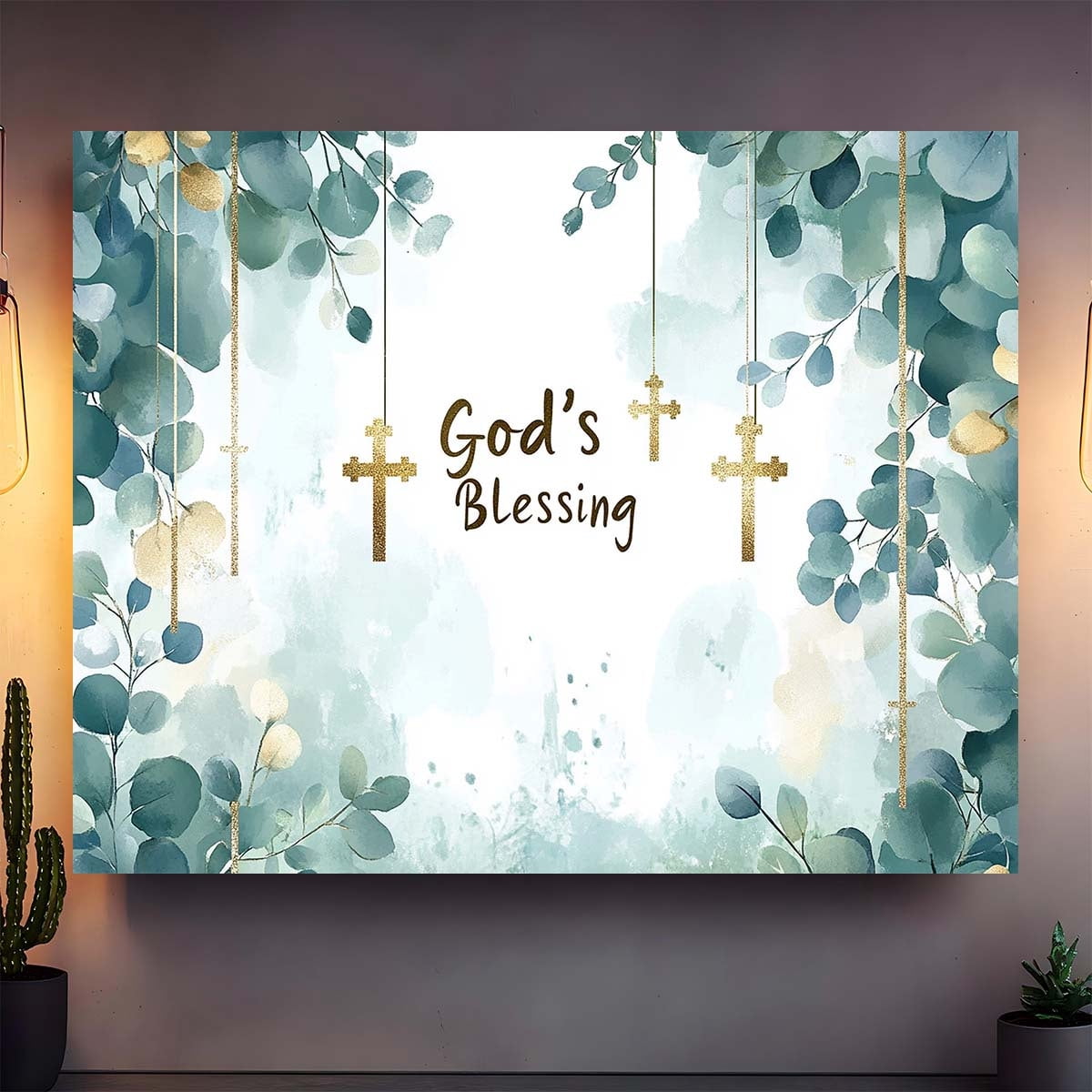 God'S Blessing Themed Backdrop with Green Leaves and Golden Crosses ...