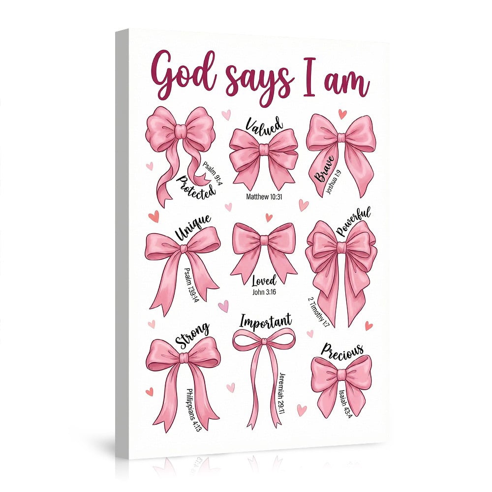"God Says I Am" Pink Bow Christian Canvas Wall Art, Inspirational Bible ...