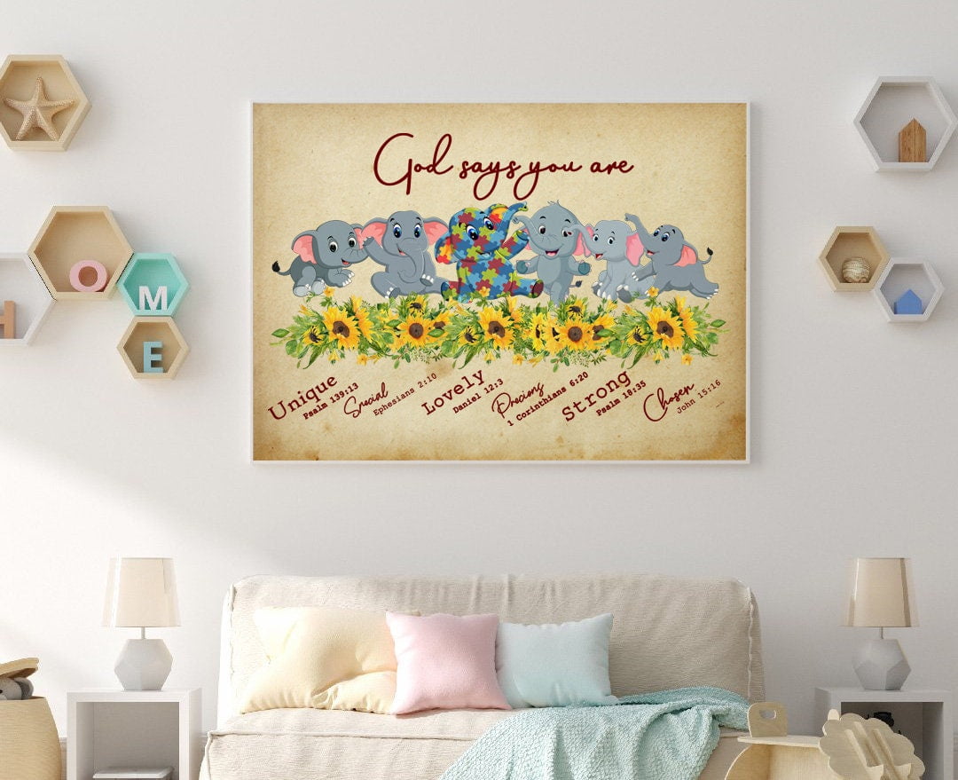 God Says You Are Unique Special Lovely Poster, Autism Elephant Poster ...
