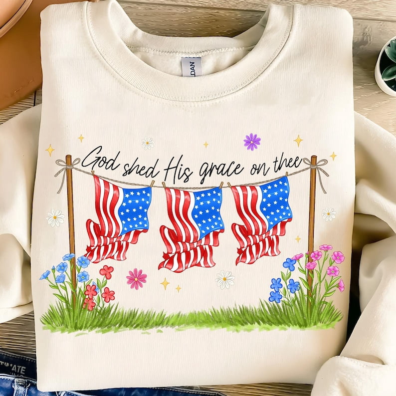 God Shed His Grace On Thee Sweatshirt – Floral American Flag Crewneck ...