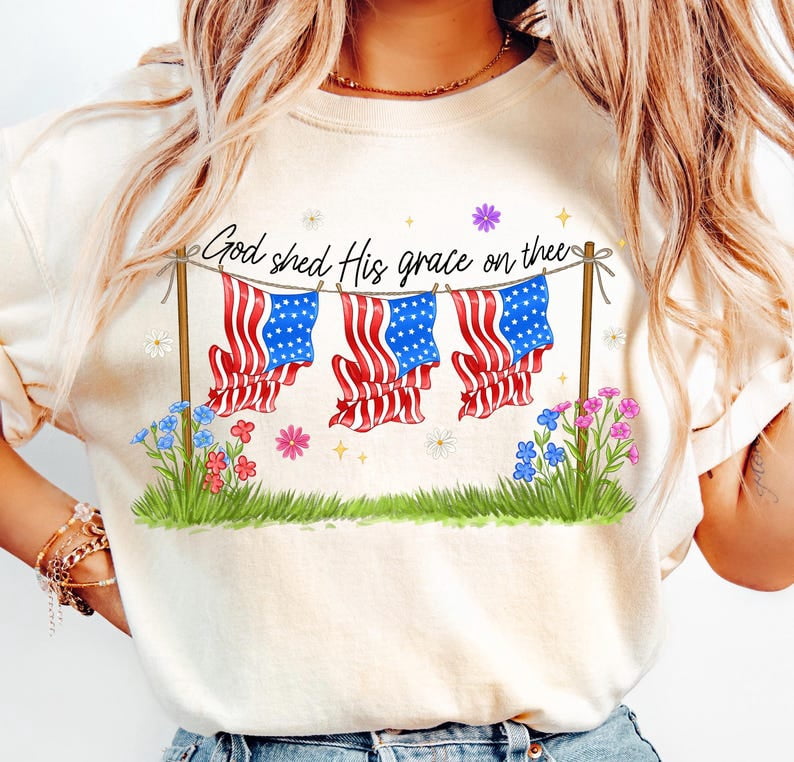 God Shed His Grace T-Shirt– Floral USA Flag Tee with Christian Message ...