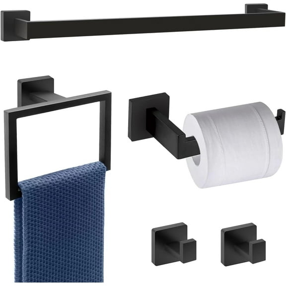 5-Piece Matte Black Bathroom Hardware Set Classic Wall Mounted Bathroom ...