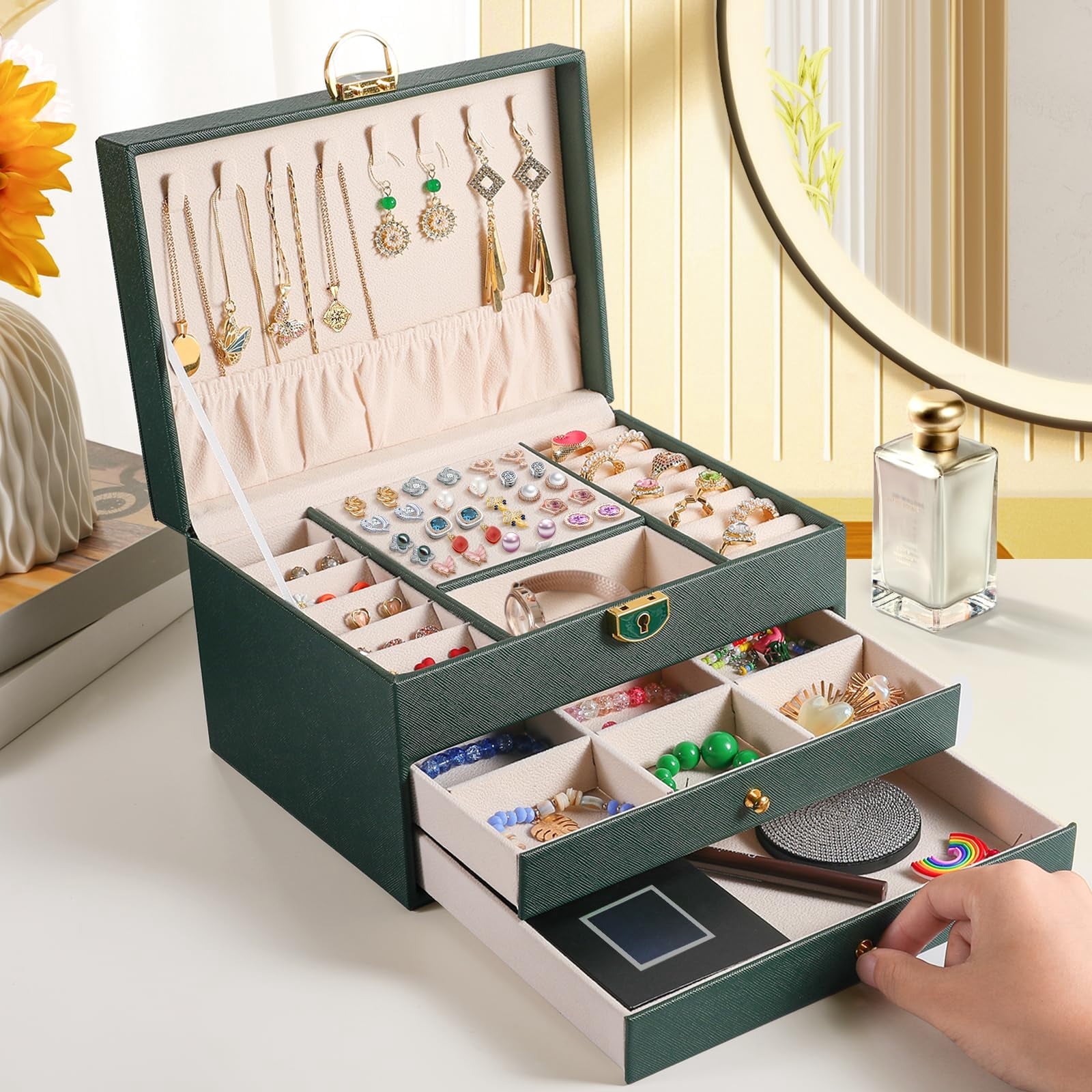 Godboat 3 Layer Jewelry Box, Lockable Jewelry Holder Organizer with ...