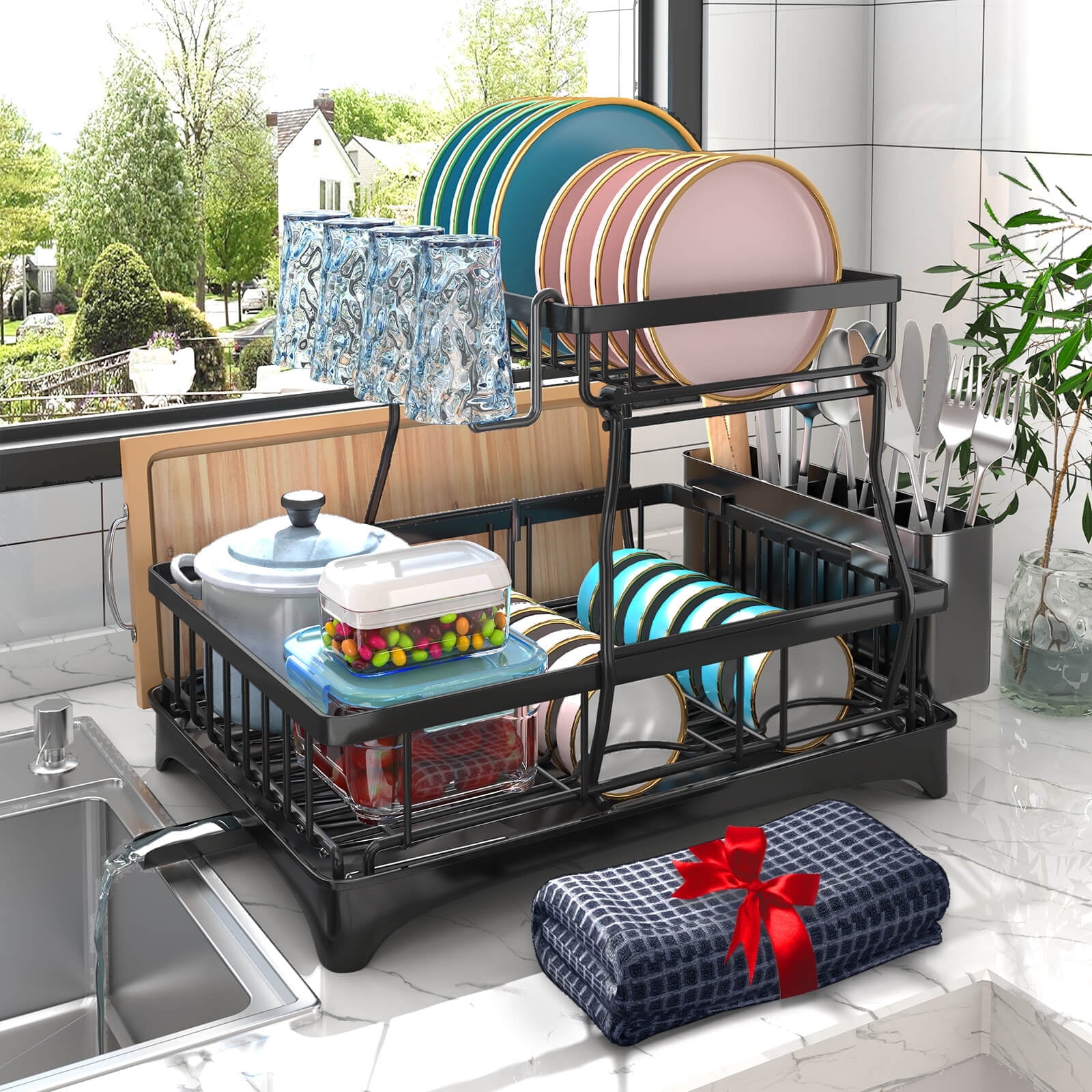 Godboat Dish Drying Rack - Dish Rack with Auto-Drain, Dish Drainer with ...